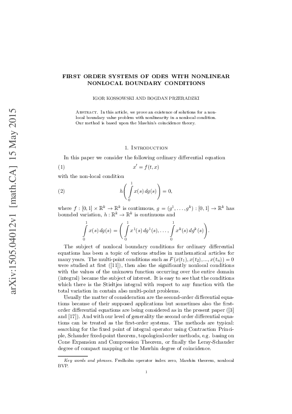 Pdf First Order Systems Of Odes With Nonlinear Nonlocal Boundary