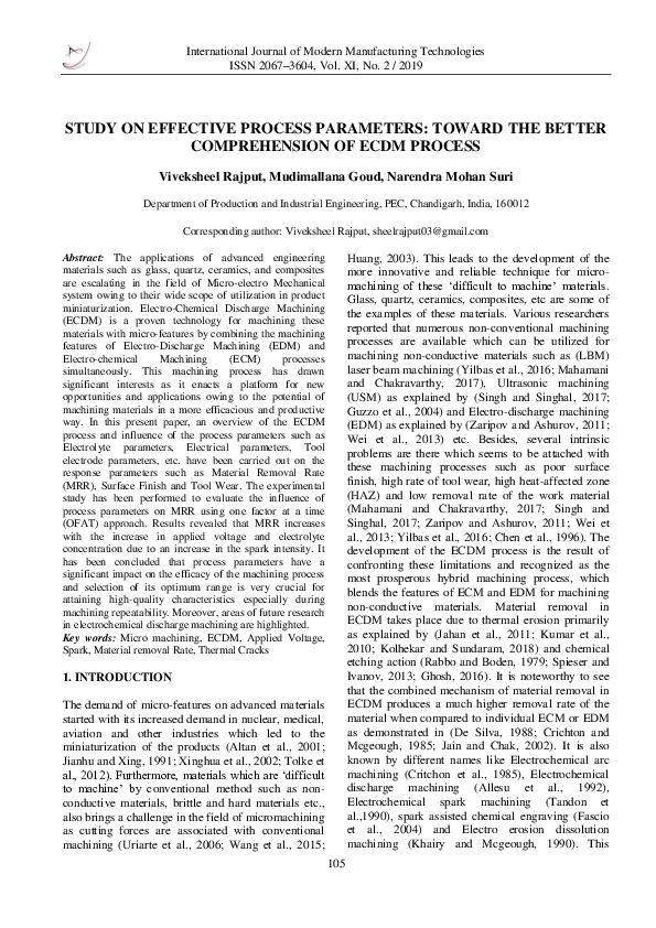 (PDF) STUDY ON EFFECTIVE PROCESS PARAMETERS: TOWARD THE BETTER COMPREHENSION OF ECDM PROCESS