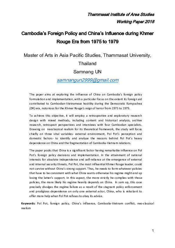 (PDF) Cambodia's Foreign Policy and China's Influence during the Khmer ...