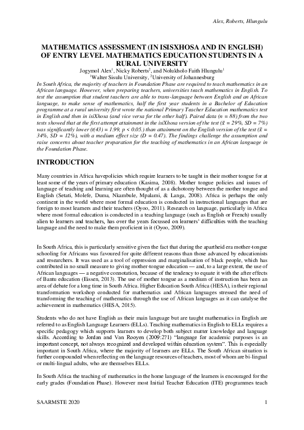 (PDF) Mathematics assessment (in isiXhosa and English) of entry level mathematics education ...