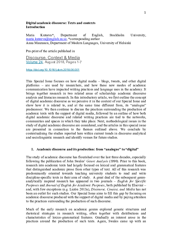 (PDF) Digital academic discourse: Texts and contexts Introduction