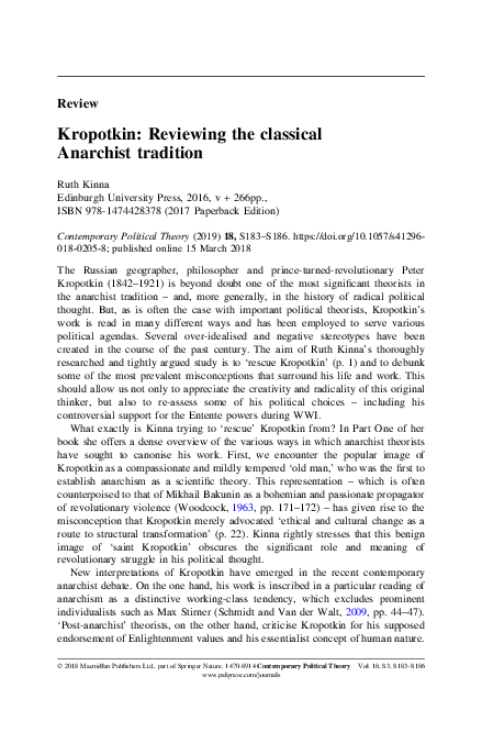 (PDF) Kropotkin: Reviewing the classical Anarchist tradition (Review)