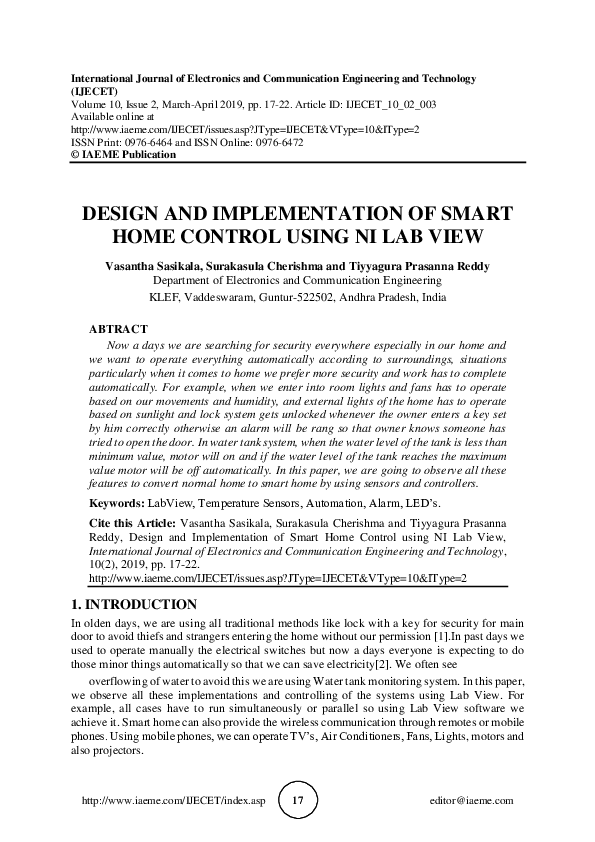 (PDF) DESIGN AND IMPLEMENTATION OF SMART HOME CONTROL USING NI LAB VIEW