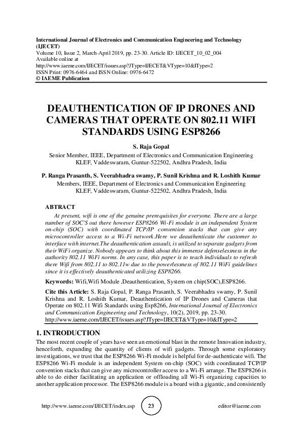 (PDF) Deauthentication of IP Drones and Cameras that Operate on 802.11 Wifi Standards using Esp8266