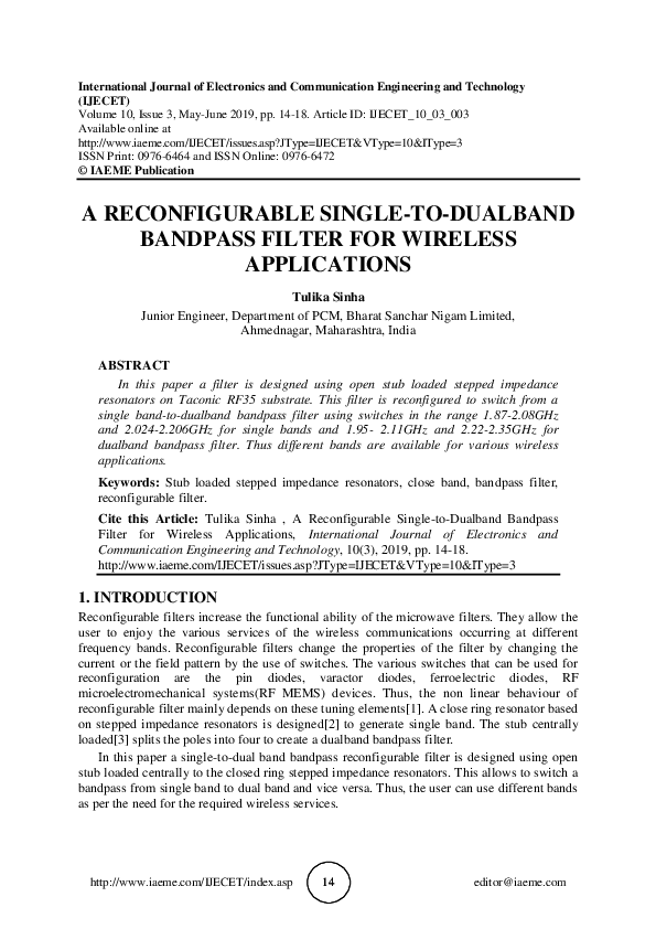 (PDF) A RECONFIGURABLE SINGLE-TO-DUALBAND BANDPASS FILTER FOR WIRELESS APPLICATIONS