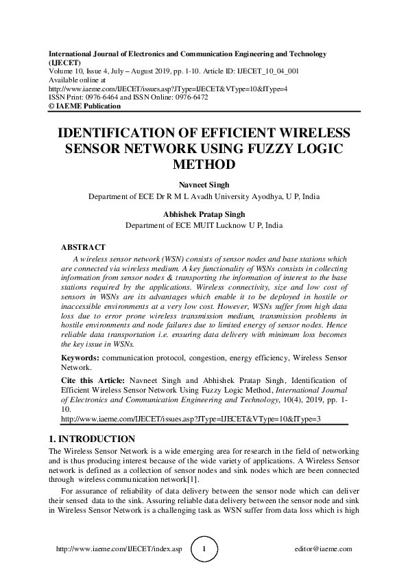 (PDF) IDENTIFICATION OF EFFICIENT WIRELESS SENSOR NETWORK USING FUZZY LOGIC METHOD