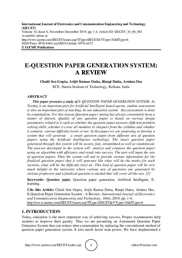 (PDF) E-QUESTION PAPER GENERATION SYSTEM: A REVIEW