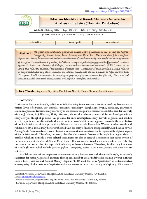 (PDF) Global Regional Review (GRR) Pakistani Identity and Kamila Shamsie's Novels: An Analysis ...