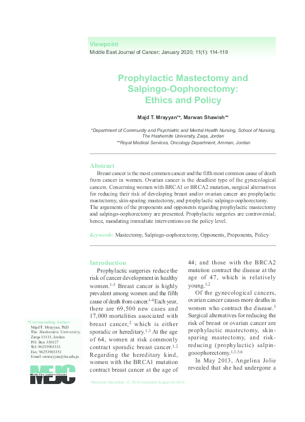 (PDF) Prophylactic mastectomy and salpingo-oophorectomy: Ethics and policy