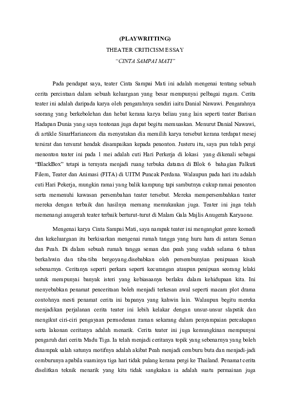 (PDF) THEATER CRITICISM ESSAY "CINTA SAMPAI MATI"