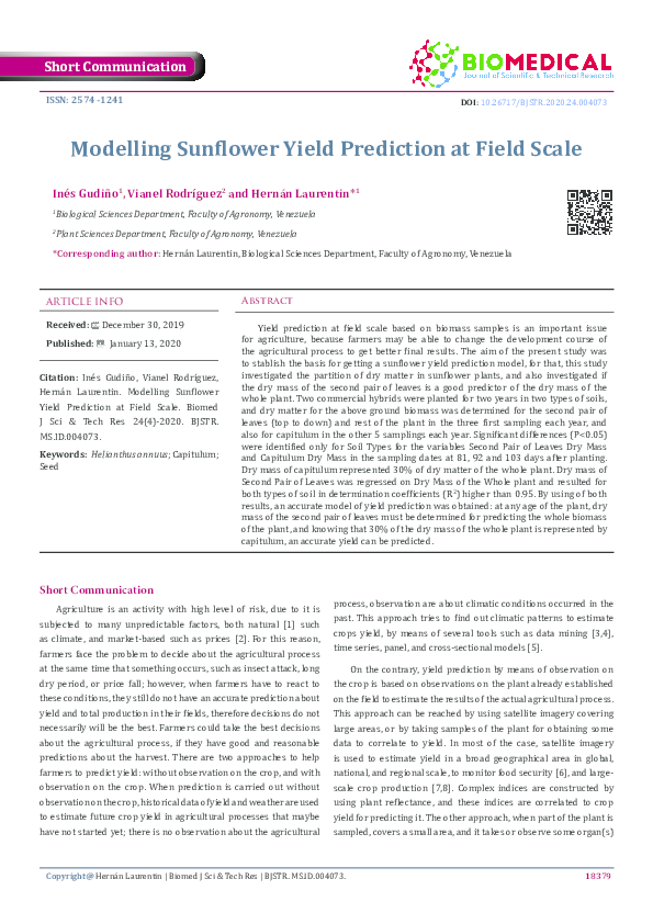 (PDF) Modelling Sunflower Yield Prediction at Field Scale