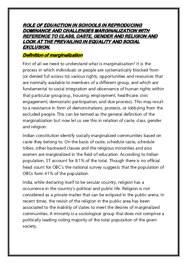 (DOC) ROLE OF EDUACTION IN SCHOOLS IN REPRODUCING DOMINANCE AND ...