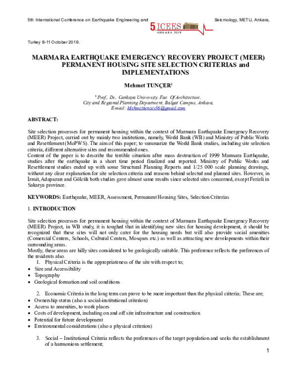 (DOC) MARMARA EARTHQUAKE EMERGENCY RECOVERY PROJECT (MEER) PERMANENT ...