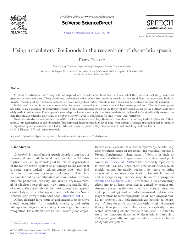 (PDF) Using articulatory likelihoods in the recognition of dysarthric speech