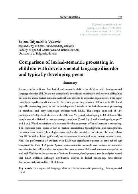 (PDF) Comparison of lexical-semantic processing in children with developmental language disorder ...