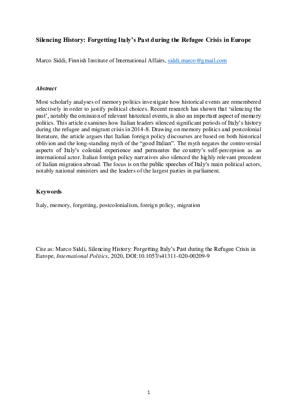 (PDF) Silencing History: Forgetting Italy's Past during the Refugee ...