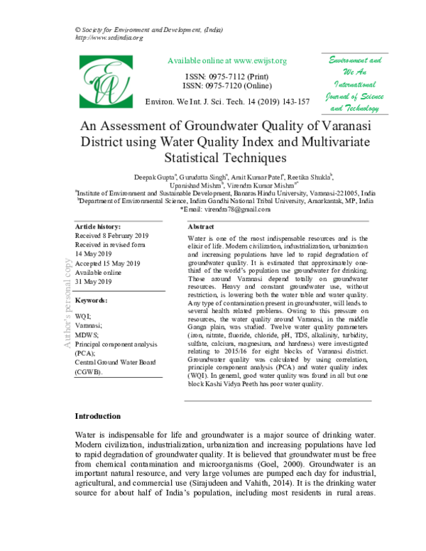 (PDF) An Assessment of Groundwater Quality of Varanasi District using Water Quality Index and ...