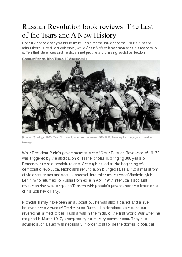 (PDF) Review of Robert Service's The Last of the Tsars and Sean ...