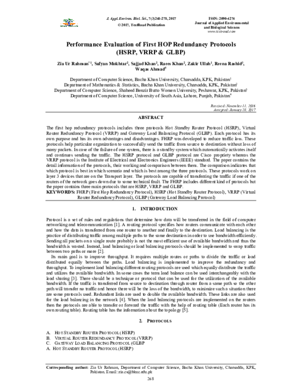 Pdf Performance Evaluation Of First Hop Redundancy Protocols Hsrp