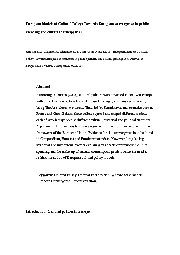(PDF) European Models of Cultural Policy: Towards European convergence ...