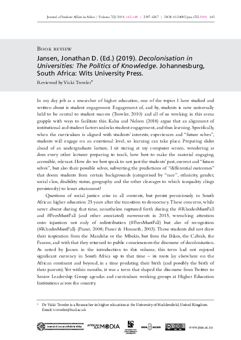 (PDF) Book review Jansen, Jonathan D. (Ed.) (2019). Decolonisation in ...