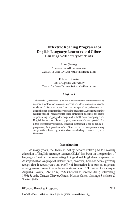 (PDF) Effective Reading Programs for English Language Learners and ...