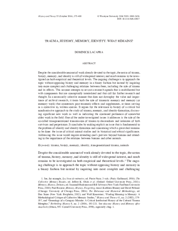 (PDF) TRAUMA, HISTORY, MEMORY, IDENTITY: WHAT REMAINS