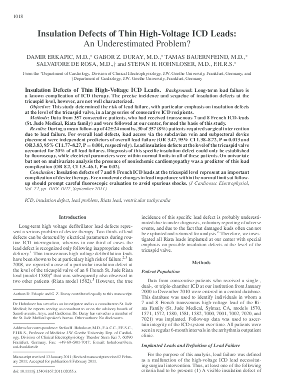 (PDF) Insulation Defects of Thin High-Voltage ICD Leads