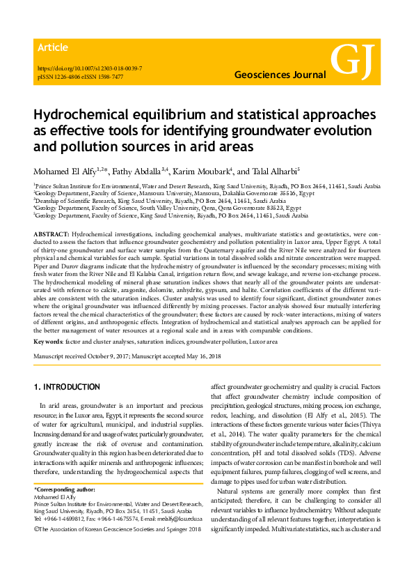 (PDF) Geosciences Journal GJ Hydrochemical equilibrium and statistical approaches as effective ...