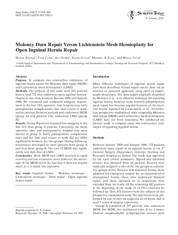 (PDF) Moloney Darn Repair Versus Lichtenstein Mesh Hernioplasty for Open Inguinal Hernia Repair