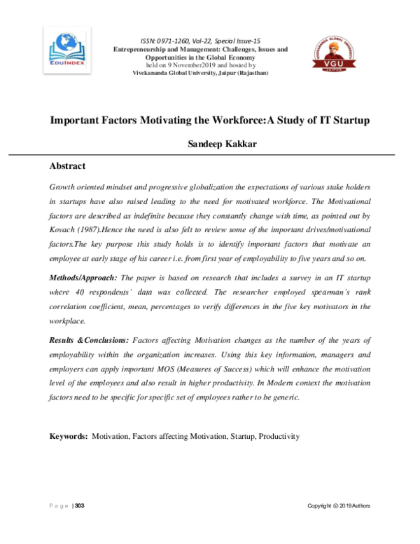 (PDF) Important Factors Motivating the Workforce:A Study of IT Startup ...