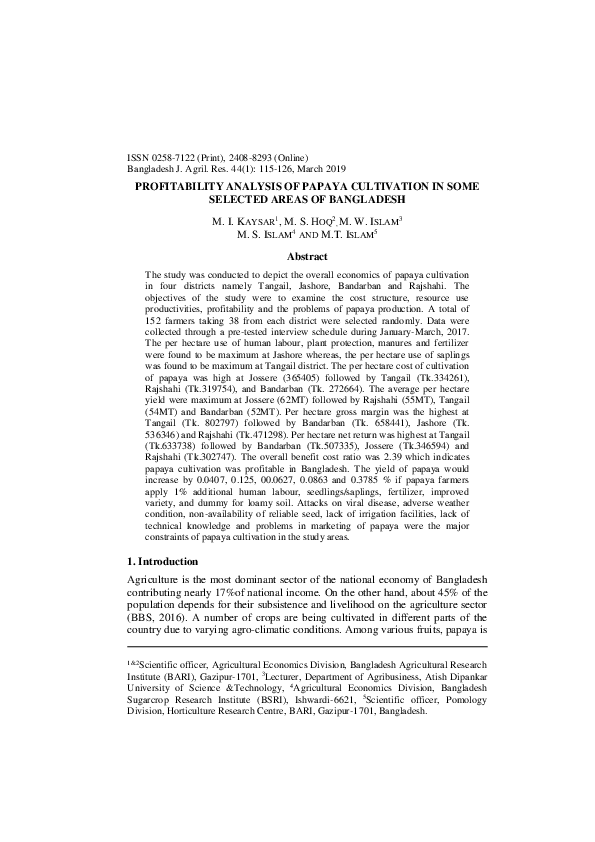 (PDF) PROFITABILITY ANALYSIS OF PAPAYA CULTIVATION IN SOME SELECTED AREAS OF BANGLADESH