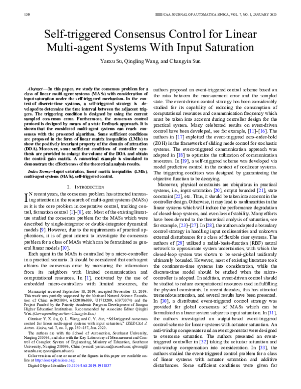 (PDF) Self-triggered Consensus Control for Linear Multi-agent Systems With Input Saturation