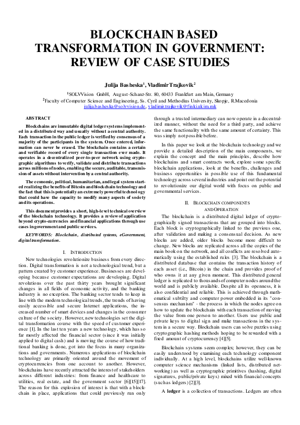 (PDF) BLOCKCHAIN BASED TRANSFORMATION IN GOVERNMENT: REVIEW OF CASE STUDIES