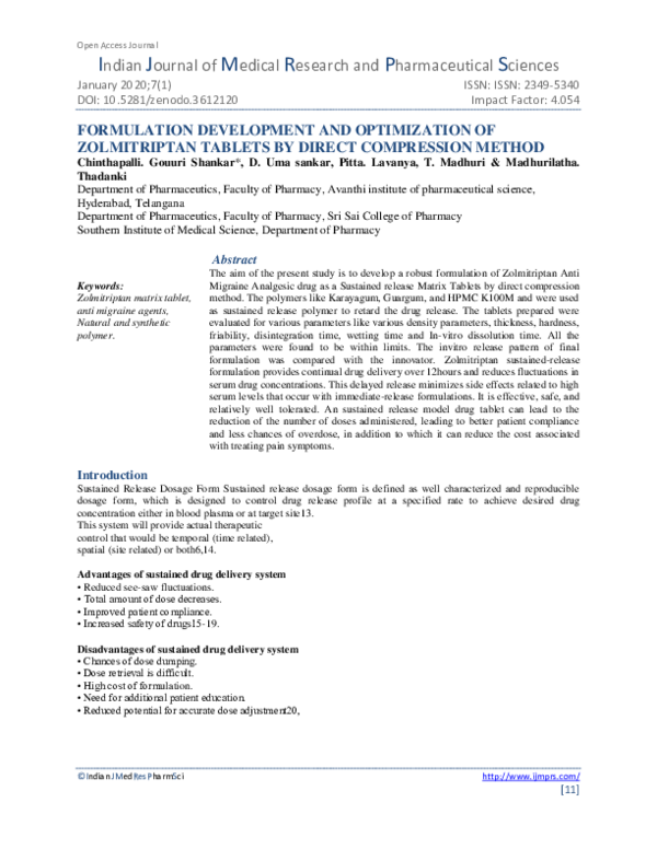 Pdf Formulation Development And Optimization Of Zolmitriptan Tablets By Direct Compression Method