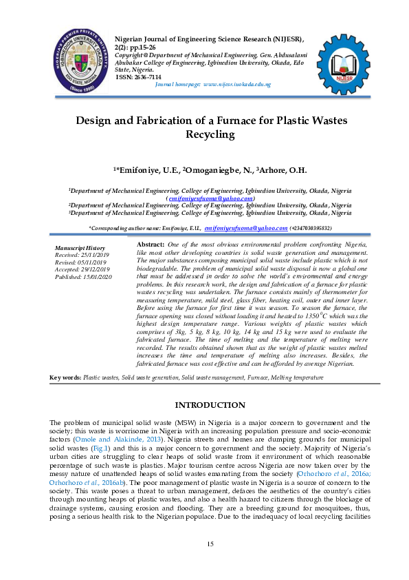 (PDF) Design and Fabrication of a Furnace for Plastic Wastes Recycling