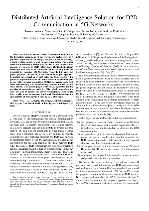 (PDF) Distributed Artificial Intelligence Solution for D2D Communication in 5G Networks