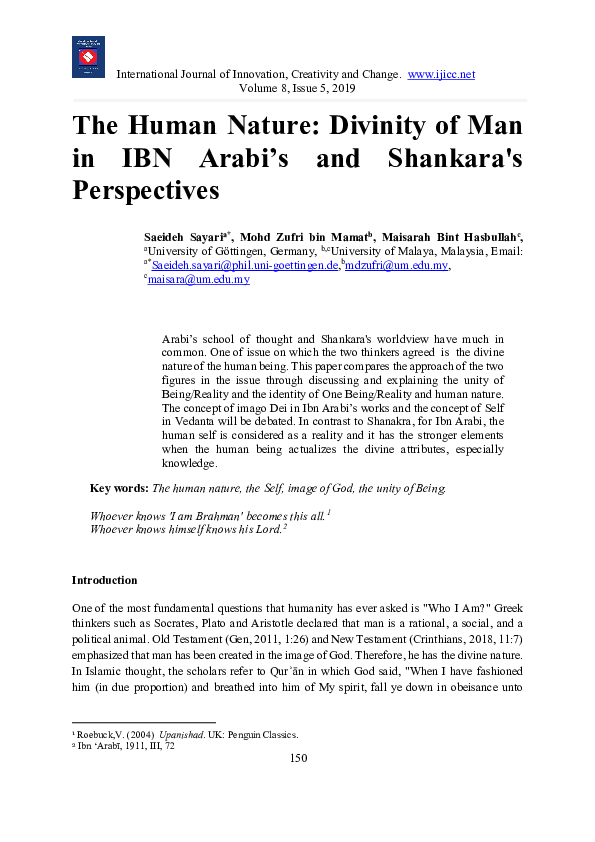 (PDF) The Human Nature: Divinity of Man in IBN Arabi's and Shankara's ...