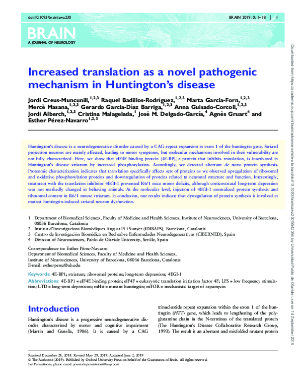 (PDF) Increased translation as novel pathogenic mechanism in Huntington ...