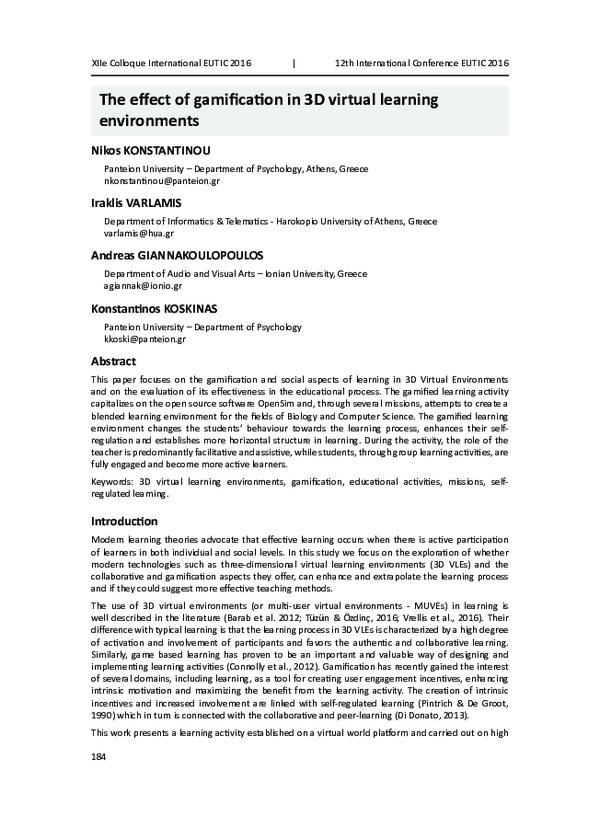 (PDF) The effect of gamification in 3D virtual learning environments