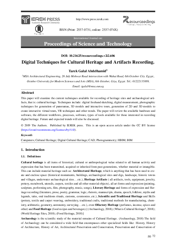 (PDF) Digital Techniques for Cultural Heritage and Artifacts Recording