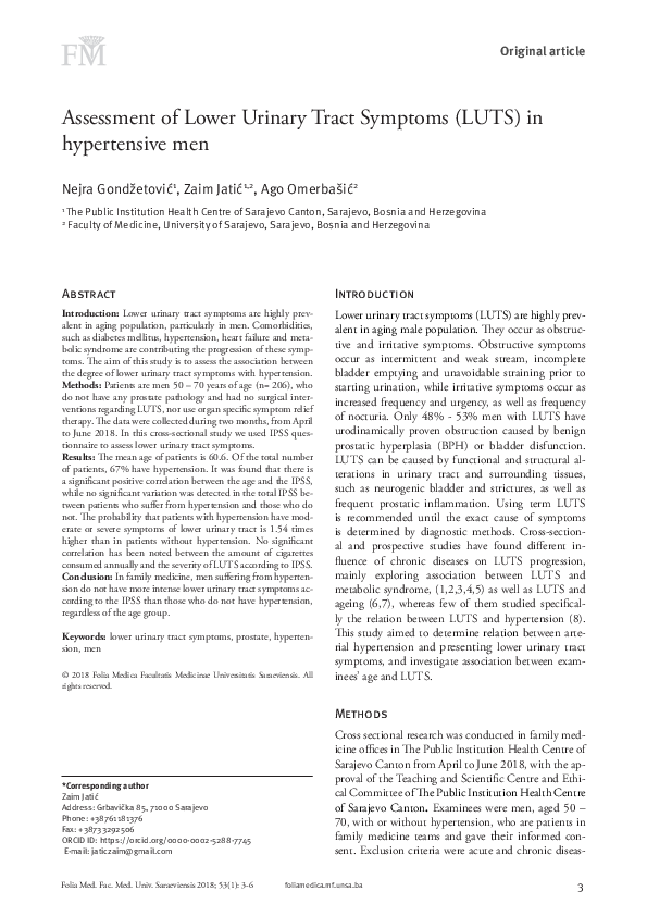 (PDF) Assessment of Lower Urinary Tract Symptoms (LUTS) in hypertensive men