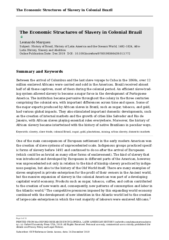 (PDF) The Economic Structures of Slavery in Colonial Brazil