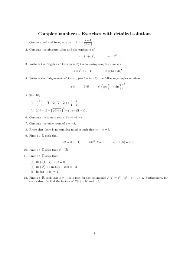 (PDF) Complex numbers -Exercises with detailed solutions
