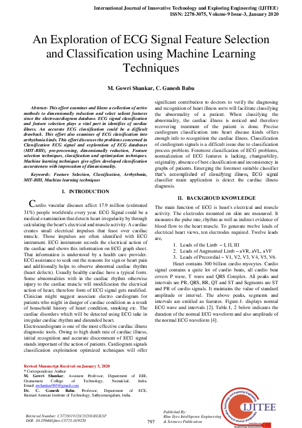 Pdf An Exploration Of Ecg Signal Feature Selection And Classification