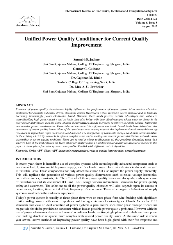 (PDF) Unified Power Quality Conditioner for Current Quality Improvement