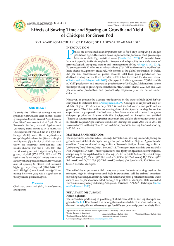 Pdf Effects Of Sowing Time And Spacing On Growth And Yield Of Chick