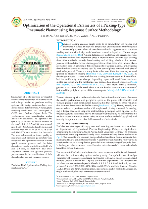 (PDF) Optimization of the Operational Parameters of a Picking-Type Pneumatic Planter using ...