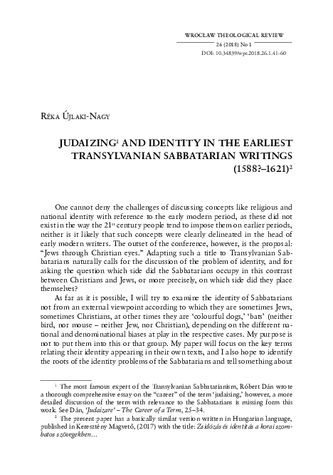(PDF) Judaizing and Identity in the Earliest Sabbatarian Writings (1588 ...
