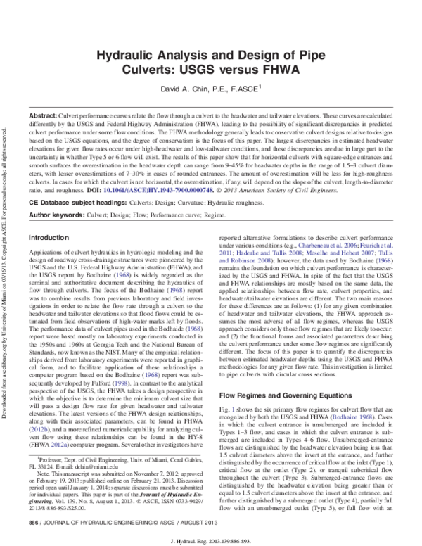 (PDF) Hydraulic Analysis and Design of Pipe Culverts: USGS versus FHWA